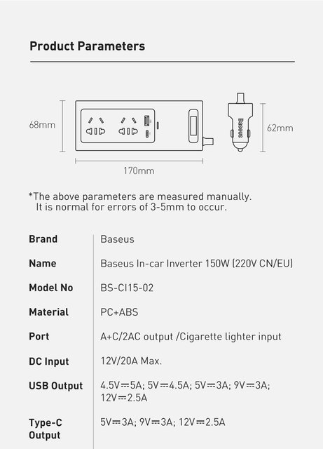 Baseus Car Inverter DC 12V to AC 220V 150W Auto Converter Type-C USB ...