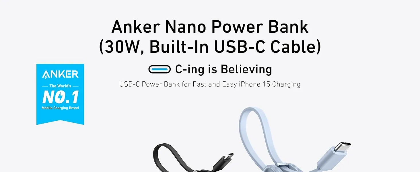 Anker A1259 Nano Power Bank (30W, Built-In USB-C Cable) 10000mAh 30W ...