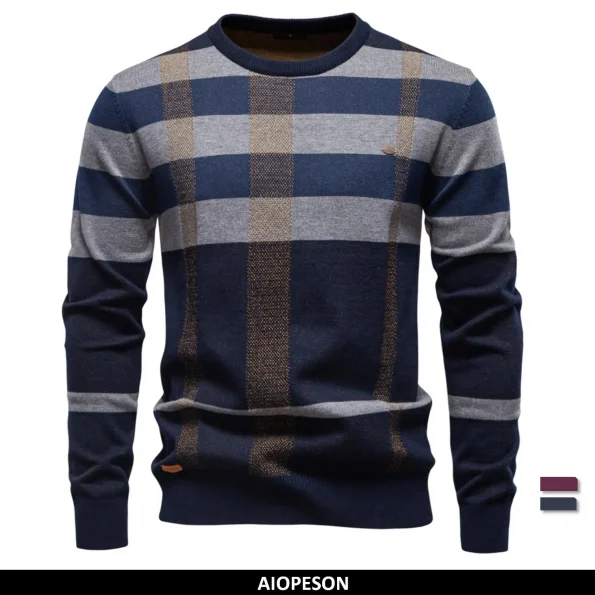 Aiopeson Men's Contrast Color Sweater Striped Crewneck Pullover Warm Knitted Cotton Blend Old ...
