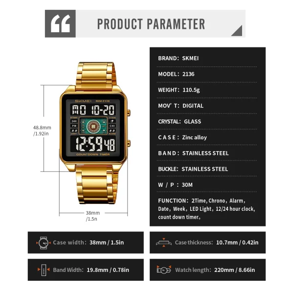 SKMEI Men’s Digital Wristwatch, Fashion Stainless Steel Watch with ...